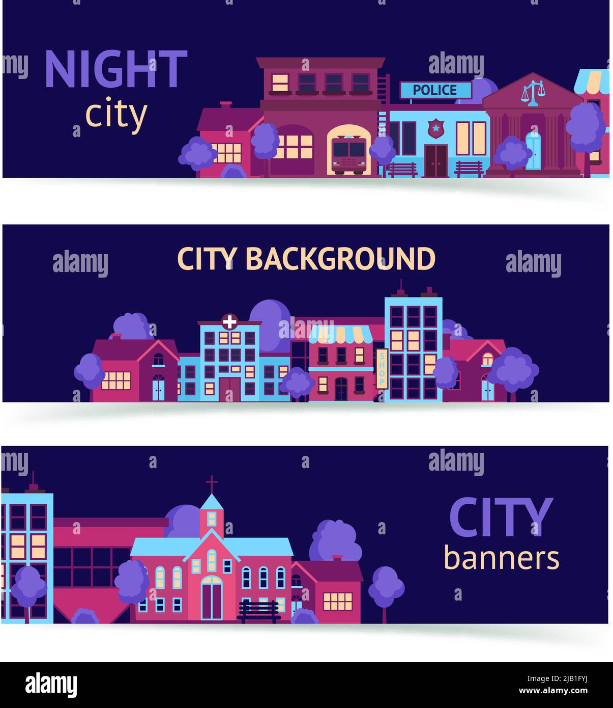City night scape town architecture banner set horizontal isolated ...