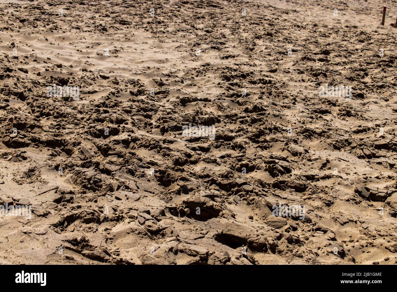 Closeup surface of sand dune in dark mood. The field is roughly tramped ...
