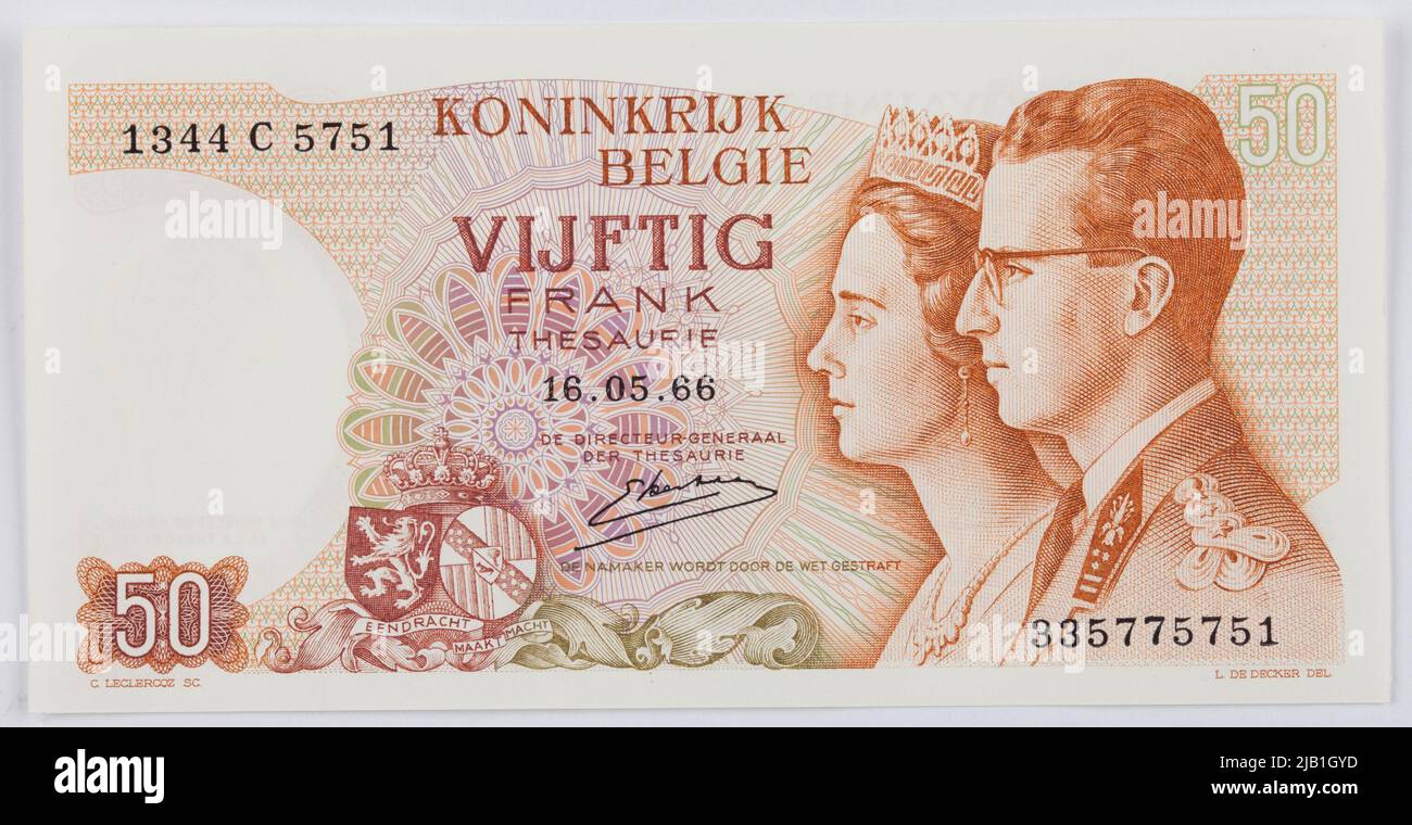 Banknot na 50 francs; Kingdom of Belgium, Belgia; 16.05.1966 r Stock ...