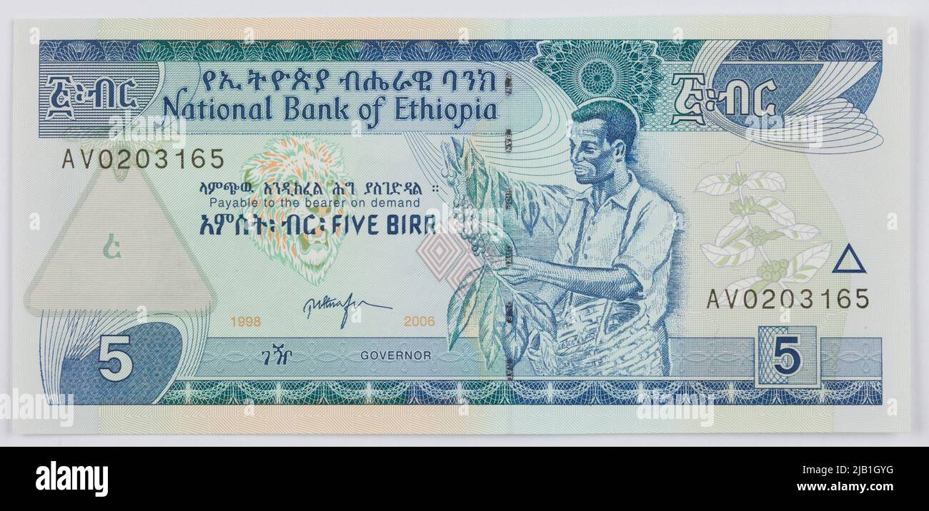 Banknot: na 5 Birr; National Bank of Ethiopia, Ethiopia, 2006/1998 r ...