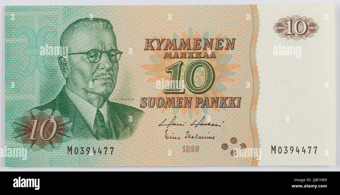 Banknot Na Fim 10; Finlands Bank, Finlandia; 1980 r Stock Photo - Alamy
