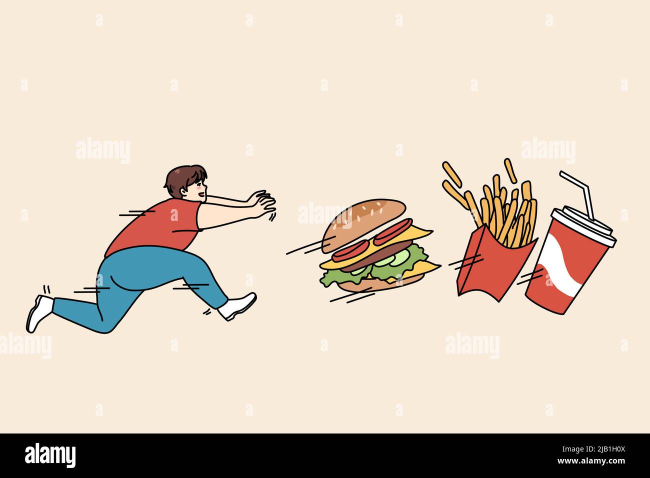 Fat guy running after fast food suffer from obesity and bad habits ...