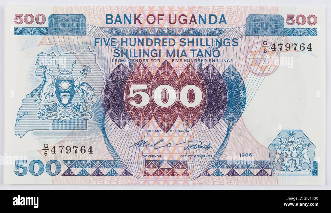 Banknot and 500 Shillings; Bank of Uganda, Uganda; 1986 r Stock Photo ...