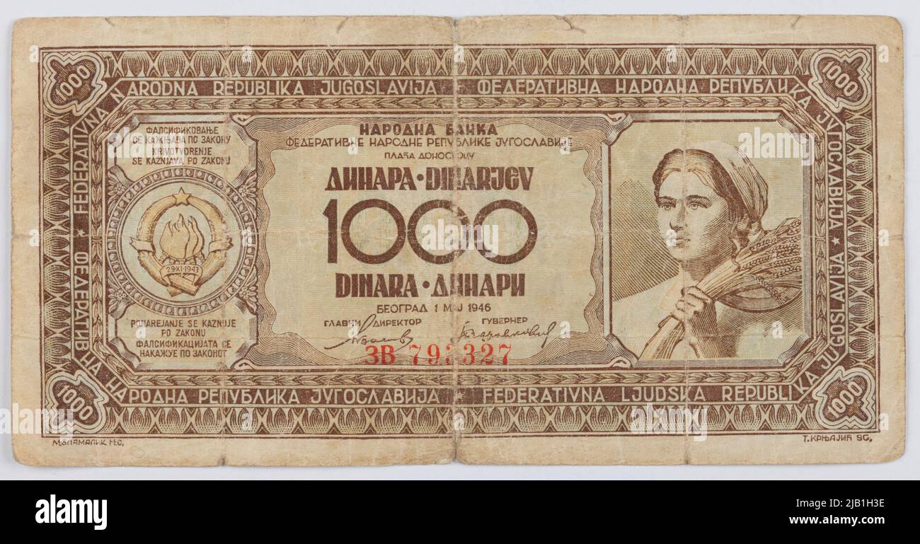 Banknote: for 1000 Dinar; National Bank, Yugoslavia; 1946 Stock Photo ...