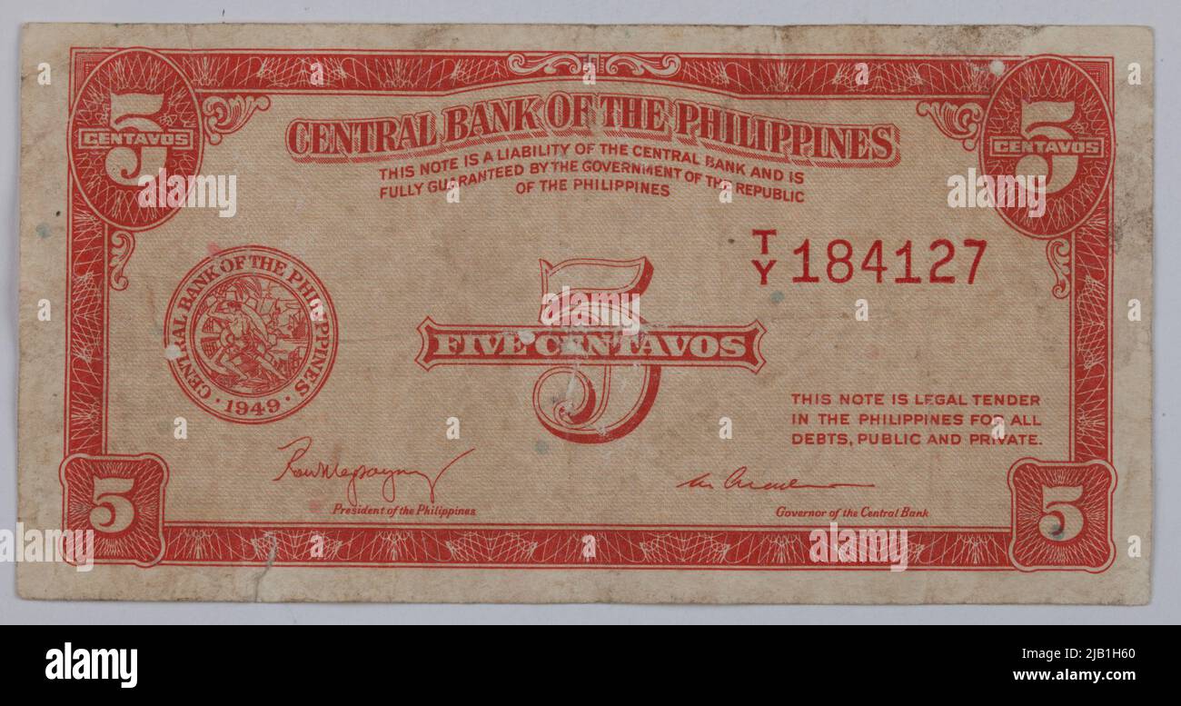 5 centavos Banknote; Central Bank of the Philippines, Philippines; B.R ...