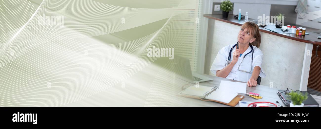 Portrait of thoughtful female doctor in medical office; panoramic ...