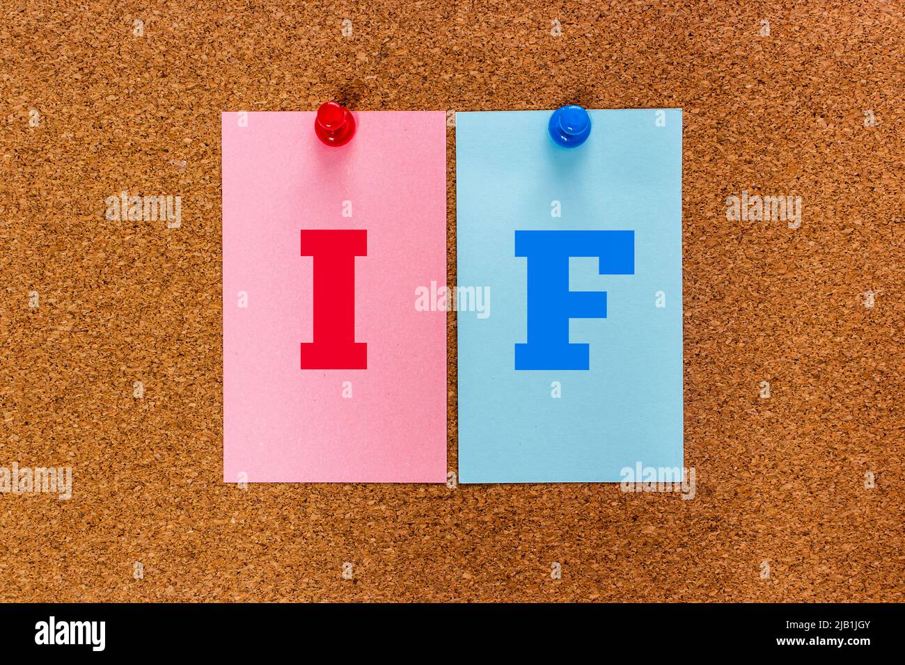 Conceptual 2 letter keyword IF on multicolored stickers attached to a ...