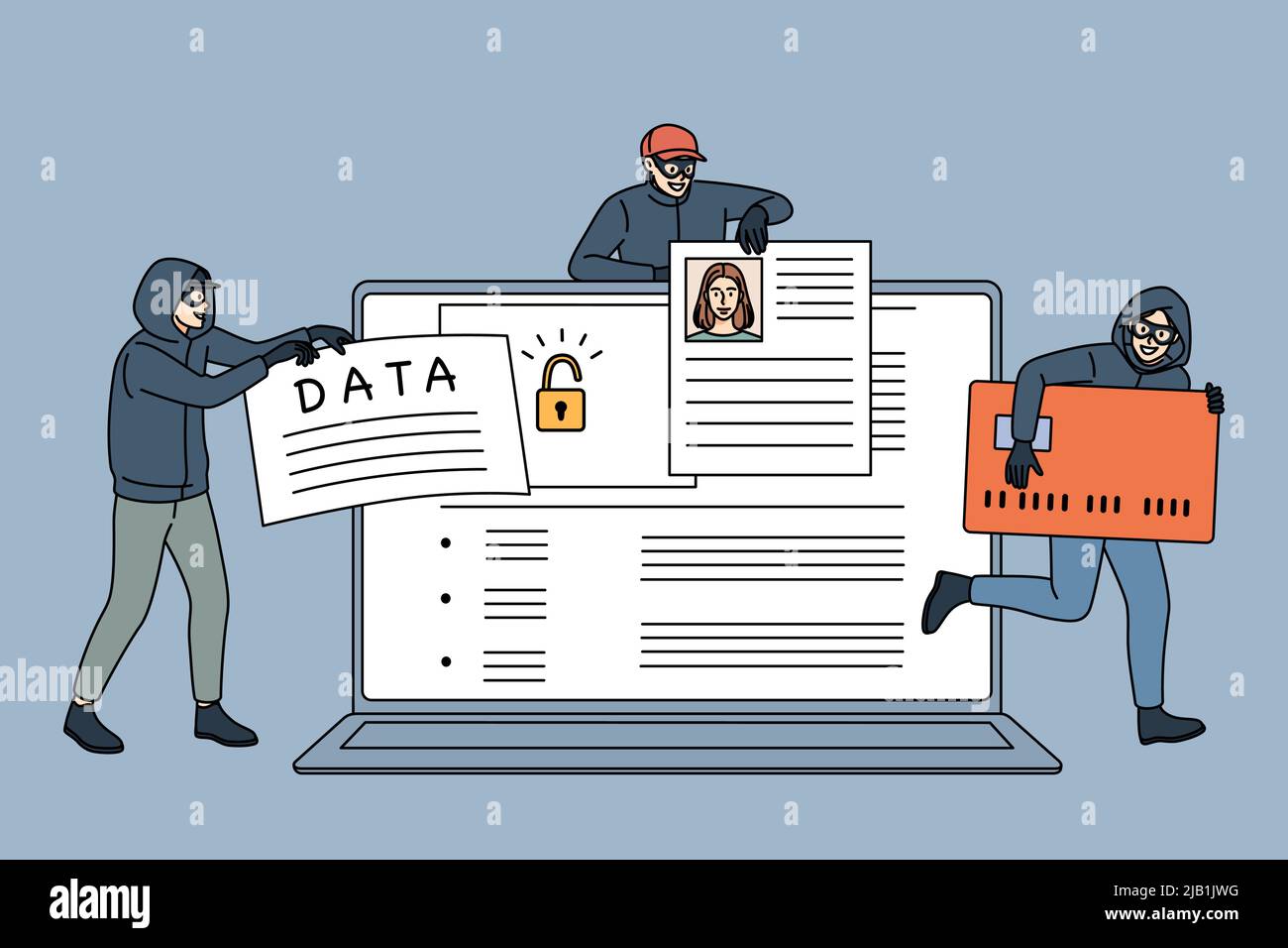 Group of hackers steal personal information from computer. Internet thieves hack laptop security ...