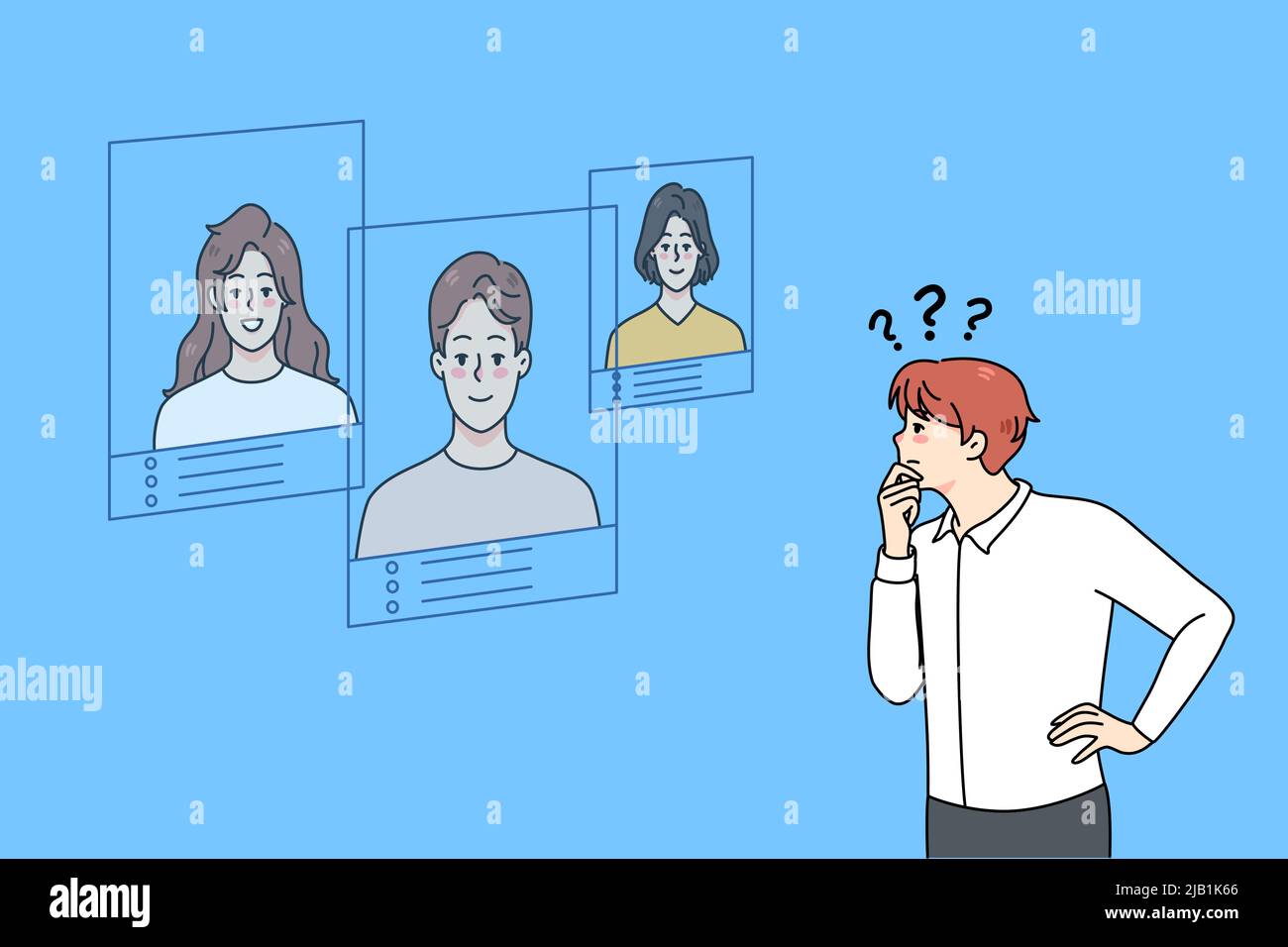 Confused businessman look at applicant CV think of employee candidature ...