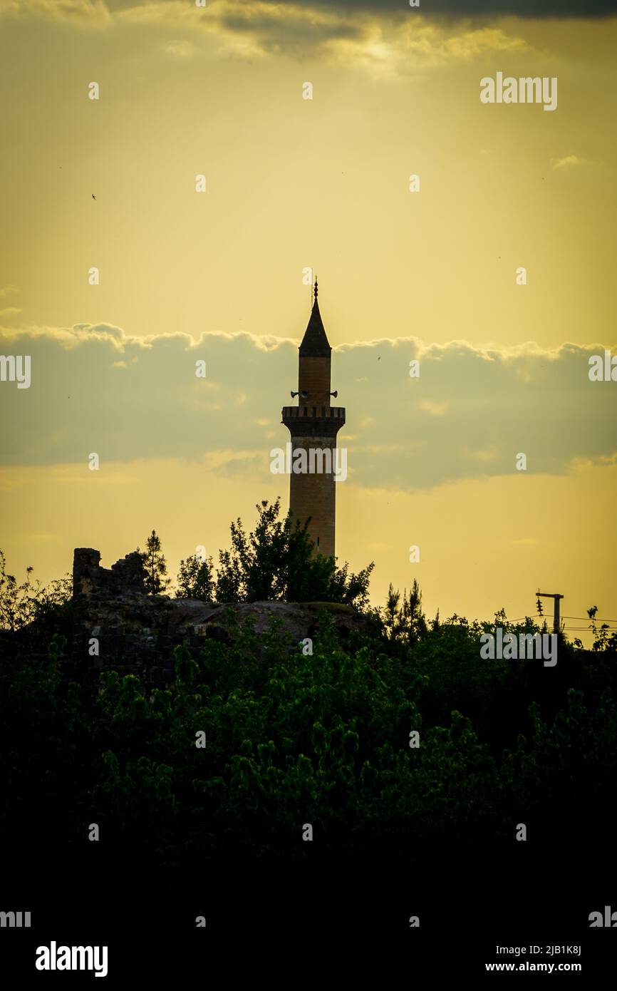 8 May 2022 Diyarbakir Turkey. Backlit minaret mosque in Diyarbakir ...