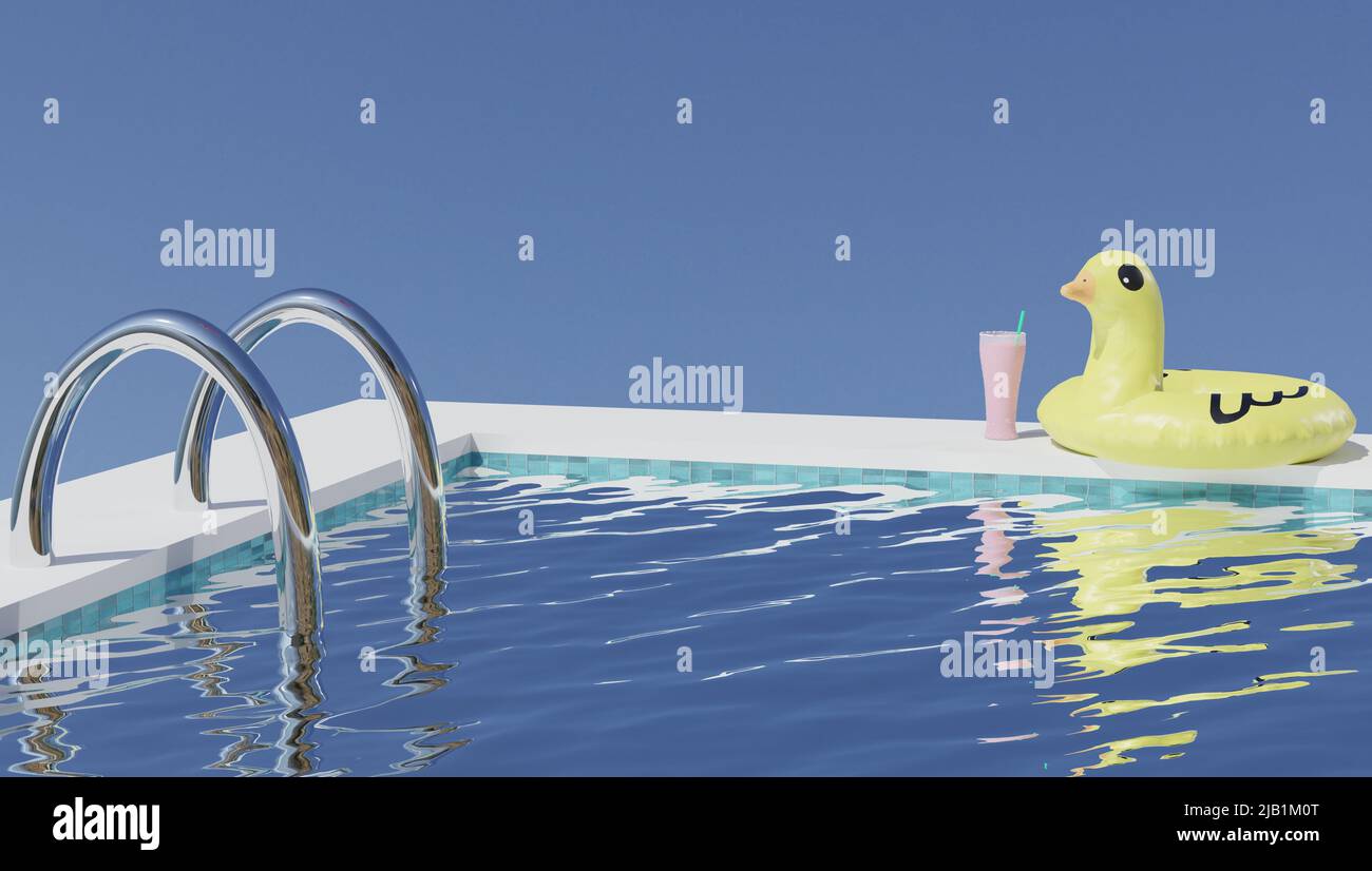 Yellow pool float, ring floating in a refreshing blue swimming pool. 3d ...