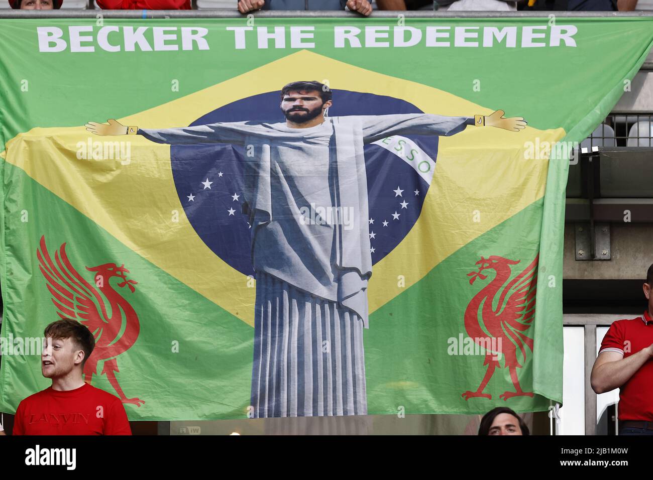 PARIS - Banner of Liverpool FC goalkeeper Alisson Becker the redeemer ...