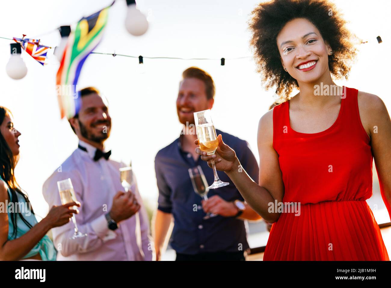 Group of friends having fun and celebrating group gathering outdoor ...