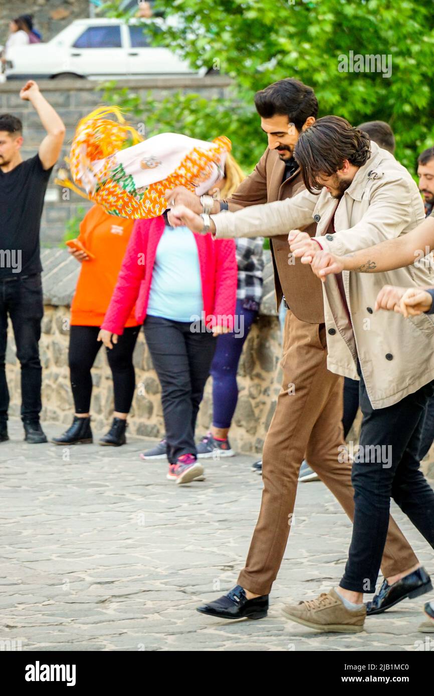 8 May 2022 Diyarbakir Turkey. People playing halay with drum and zurna ...