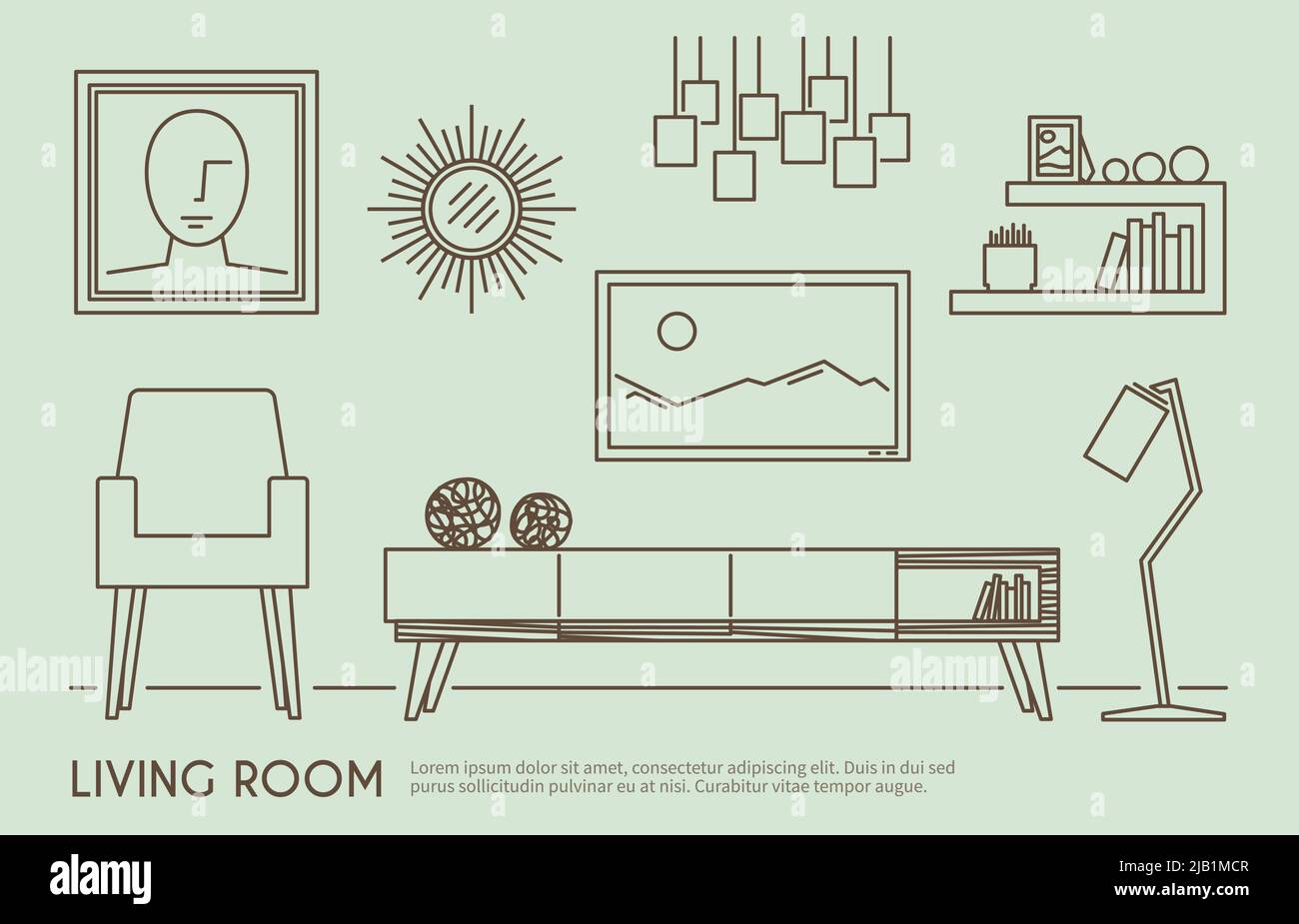 Living room interior design with outline furniture set vector ...