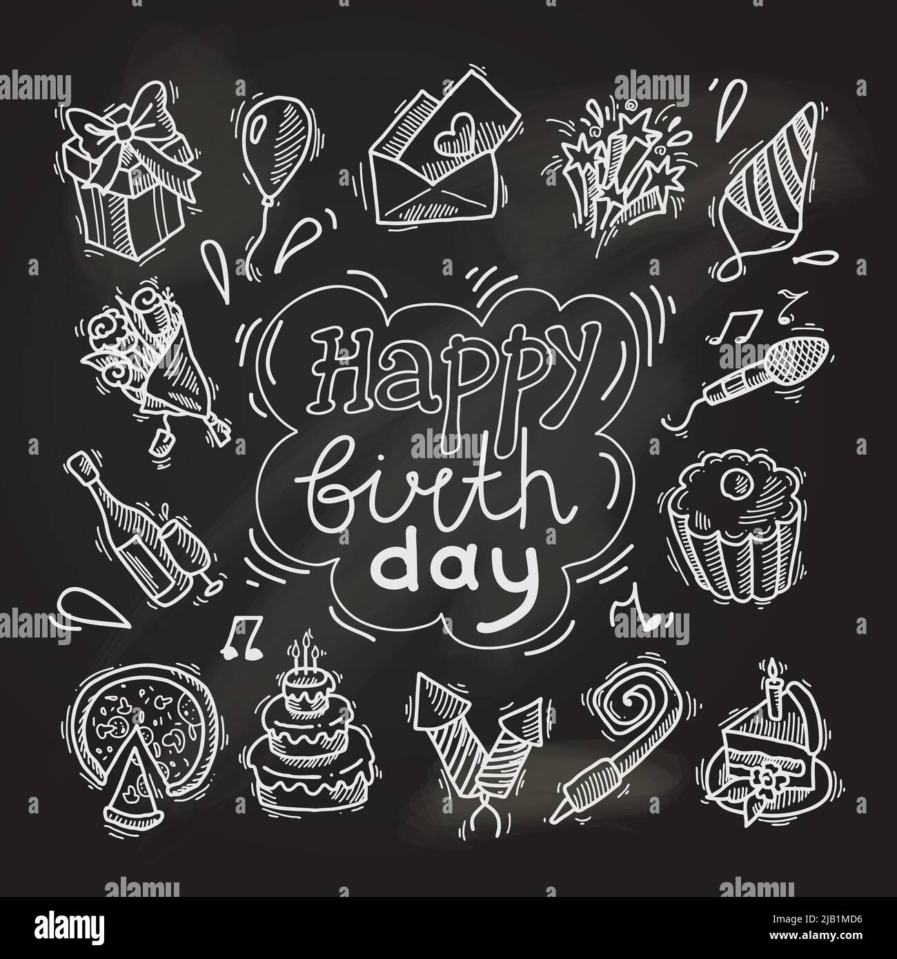 Happy birthday party celebration chalkboard decorative elements set ...