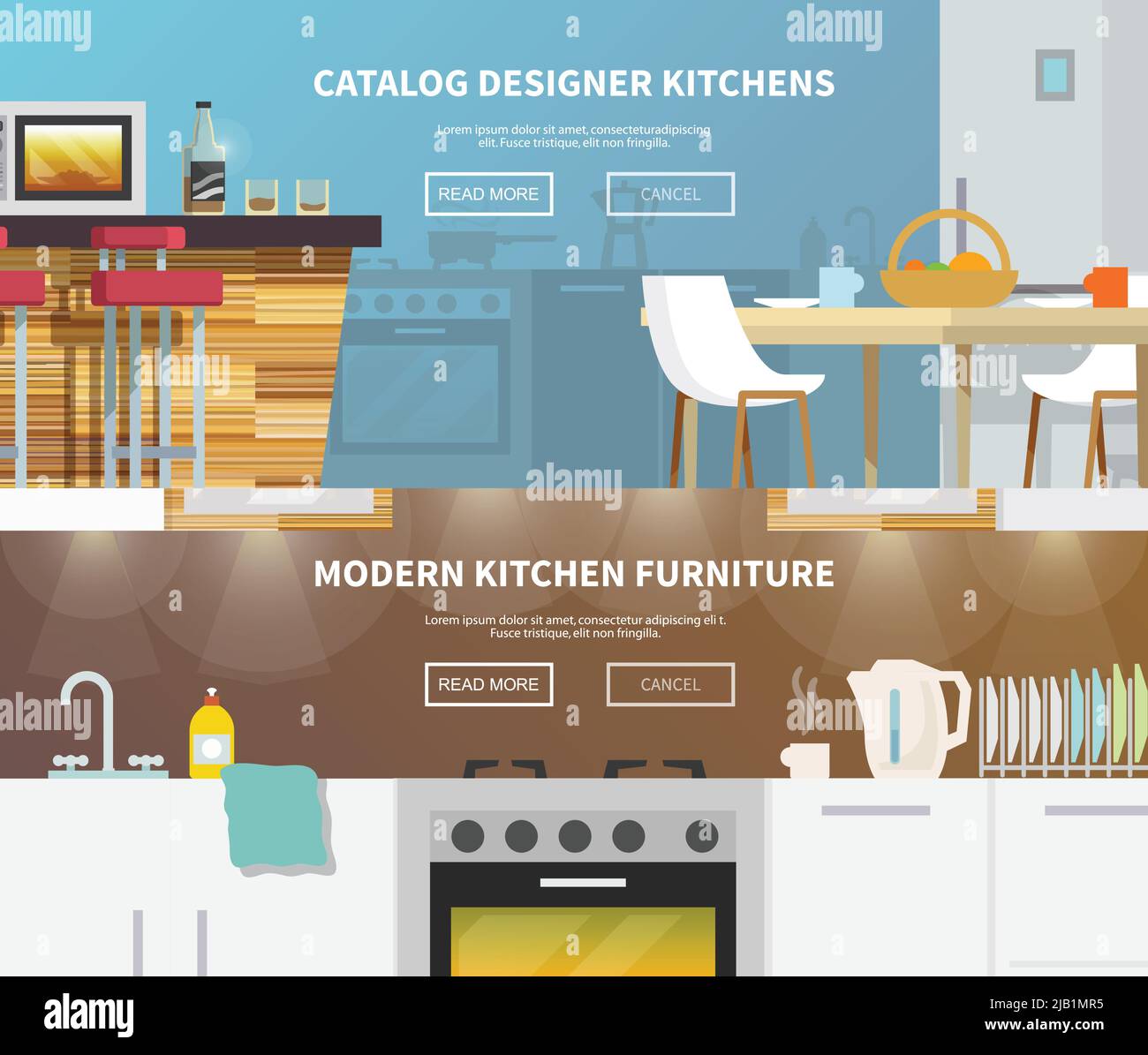 Kitchen furniture horizontal banner set with flat design elements ...