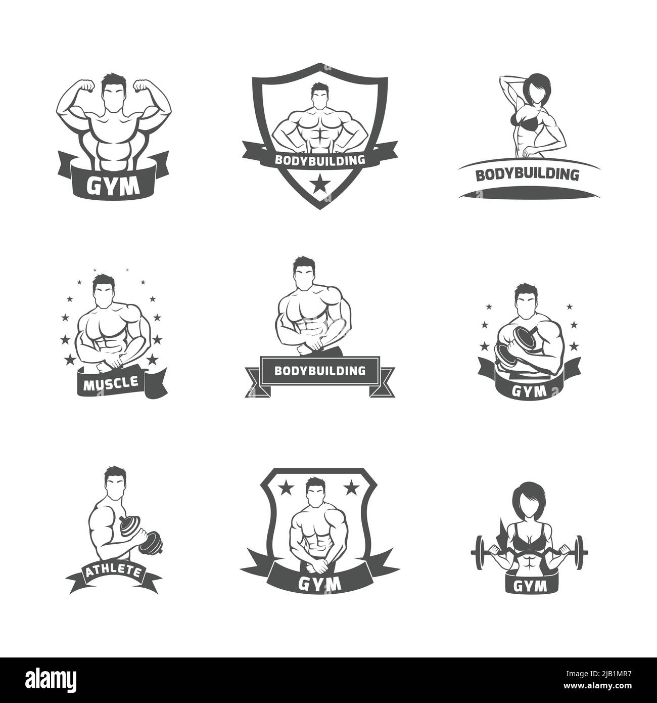 Bodybuilding fitness gym muscle athlete label black set isolated vector ...