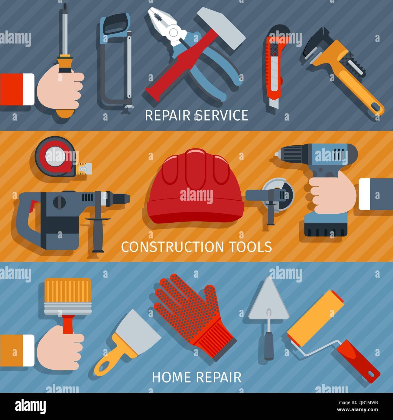 Repair tools service construction home flat banner set isolated vector ...