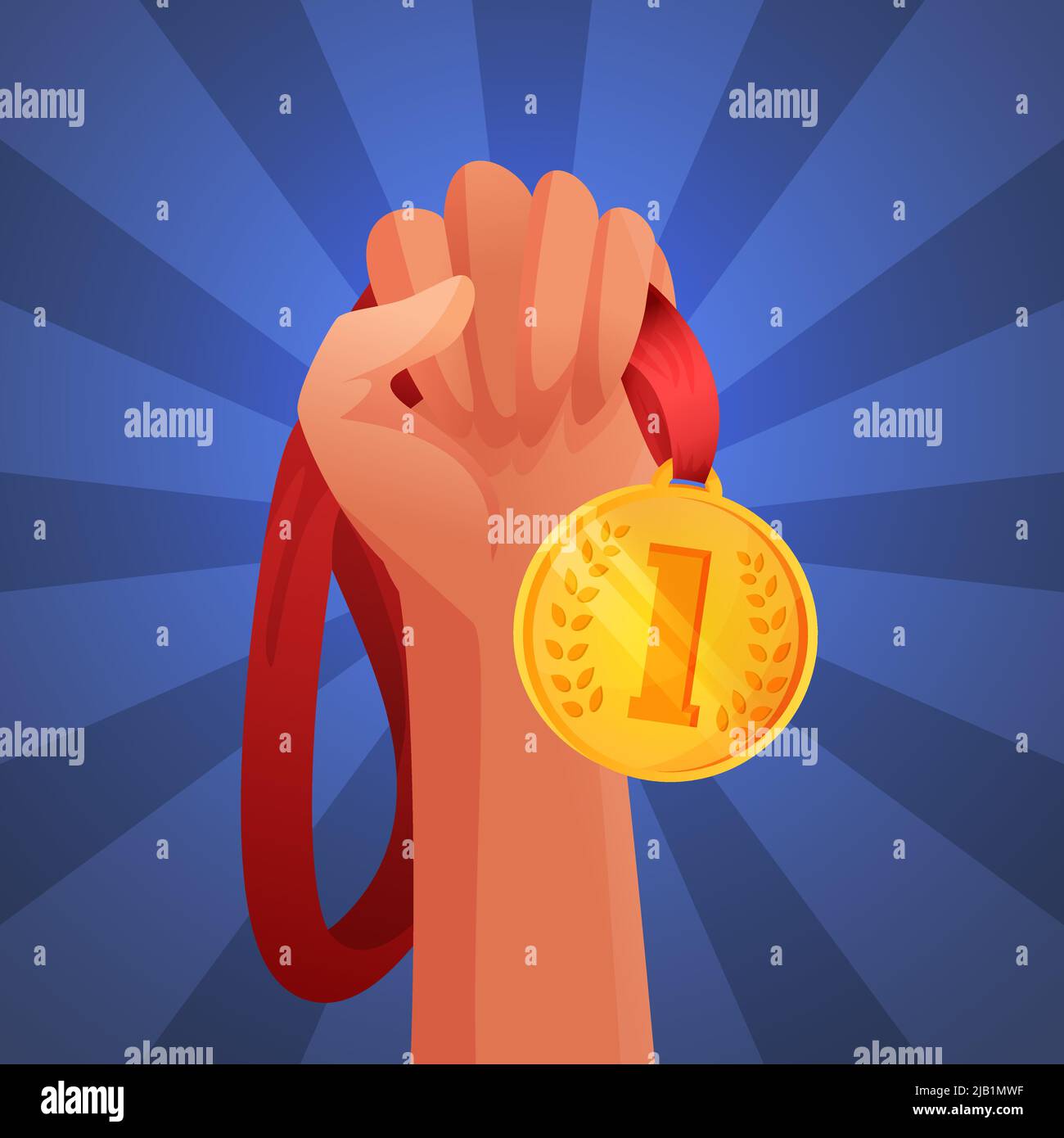 Hand holding winner victory golden medal commendation champion trophy ...