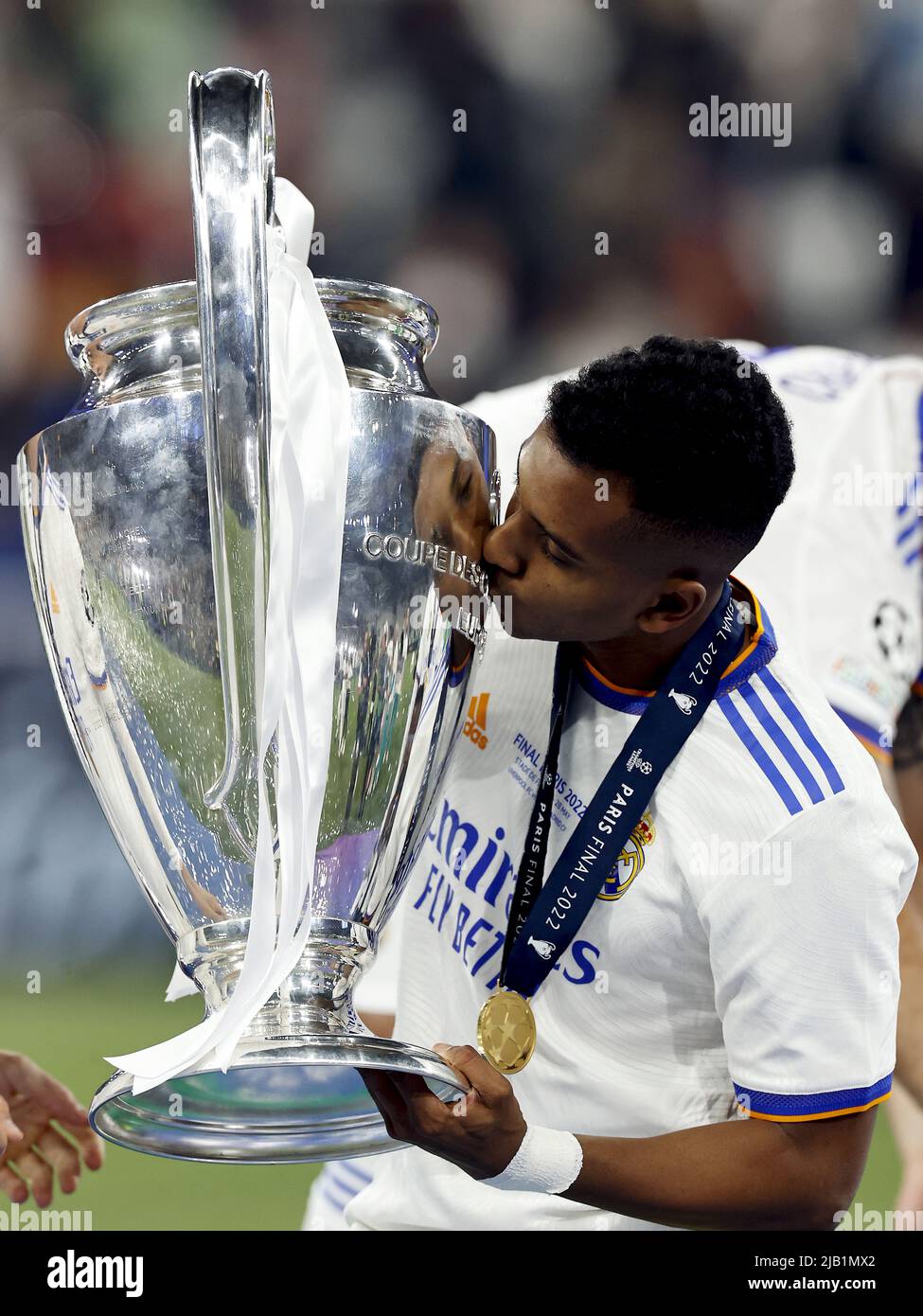PARIS - Rodrygo of Real Madrid with UEFA Champions League trophy, Coupe ...