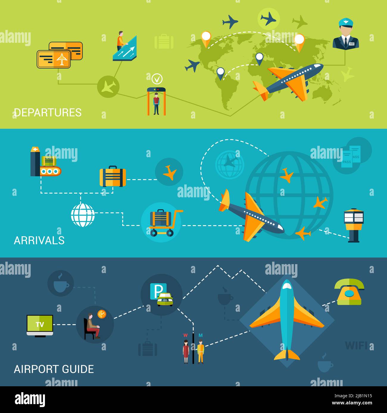 Airport flat banners set with departure arrival guide elements isolated ...