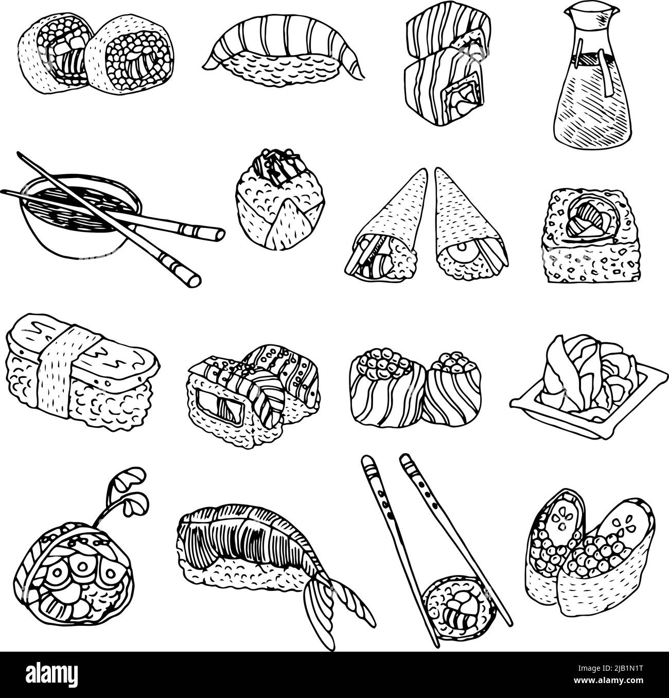 Asia seafood cuisine menu fish and shellfish dishes elements symbols ...