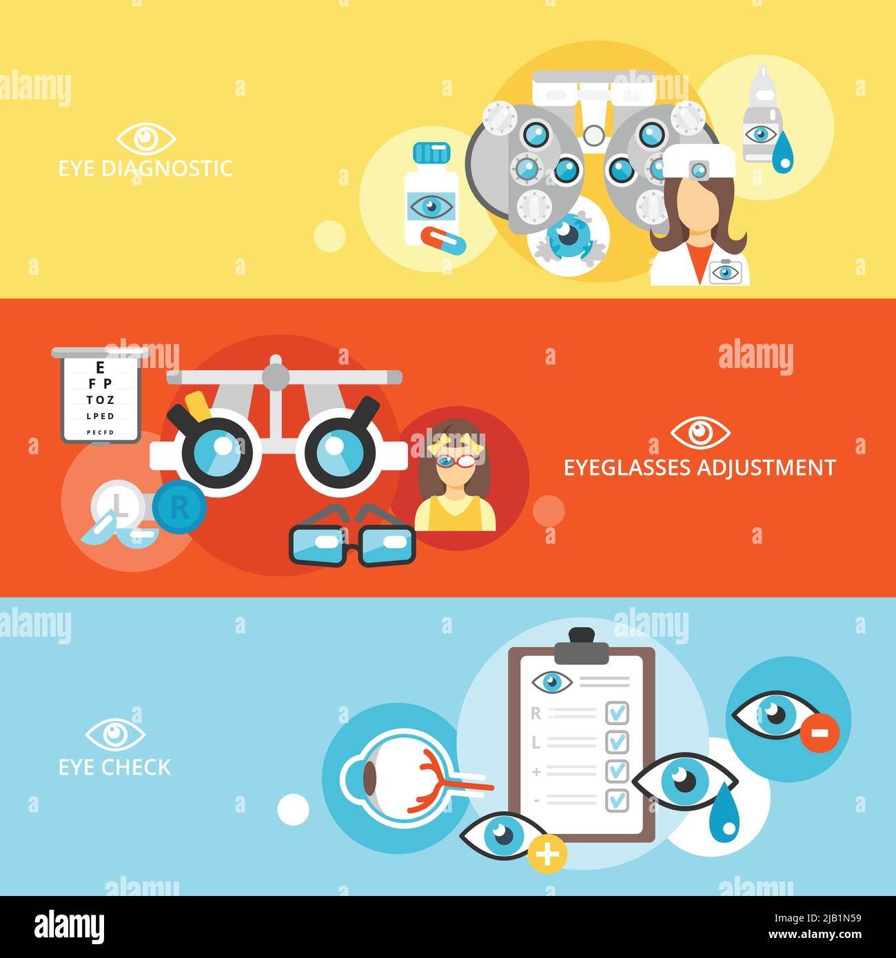 Oculist flat banner set with eye check diagnostics eyeglasses ...