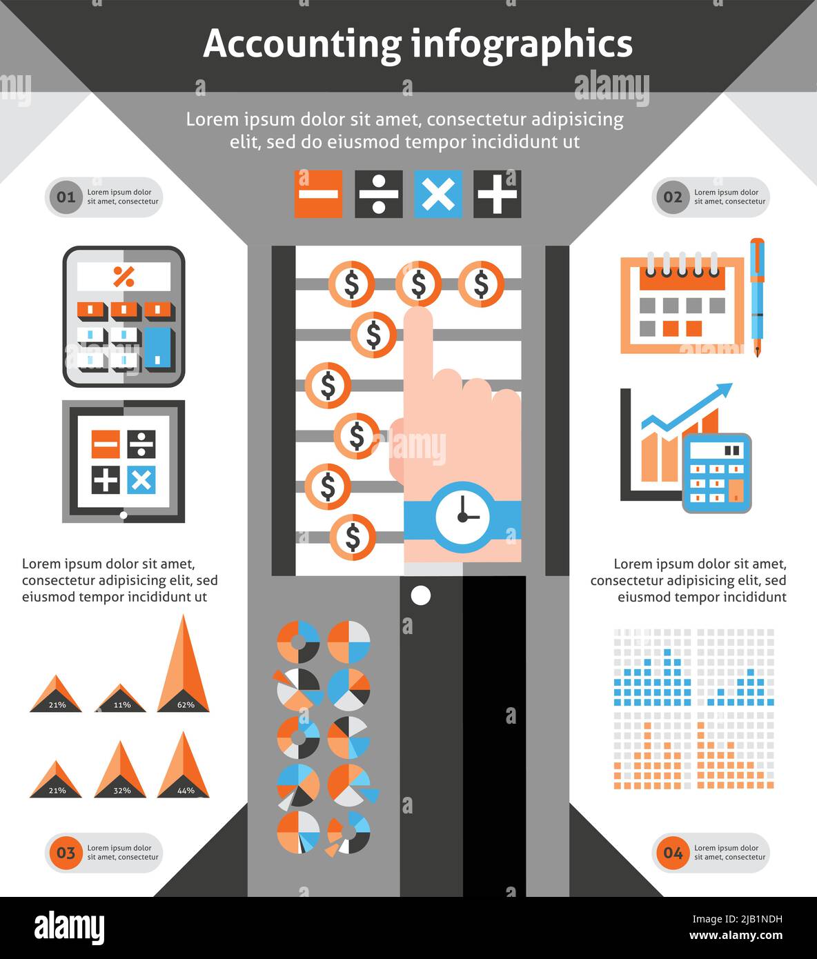 Accounting infographics set with hand and finance investment elements ...