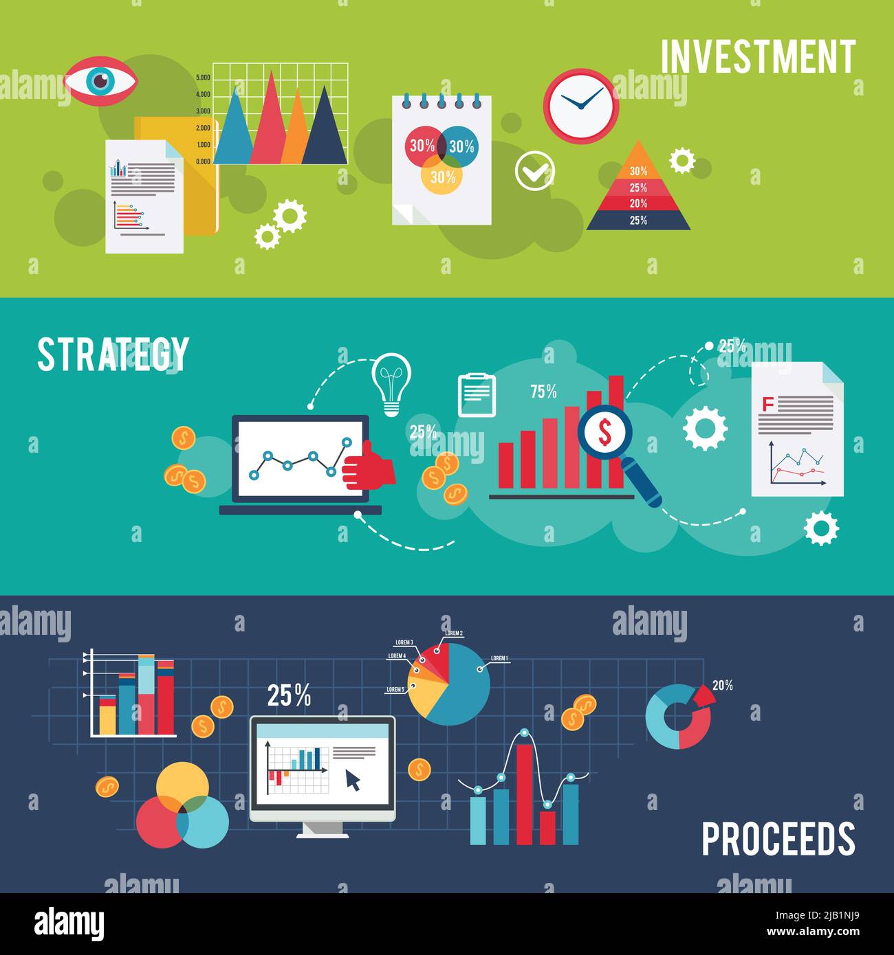 Business flat banner set with investment strategy proceeds charts ...