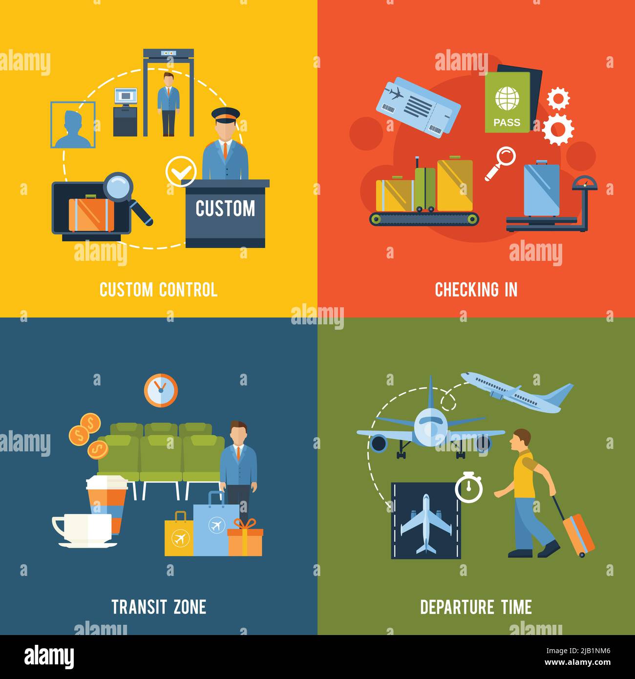 Airport icons flat set with custom control checking in transit zone ...