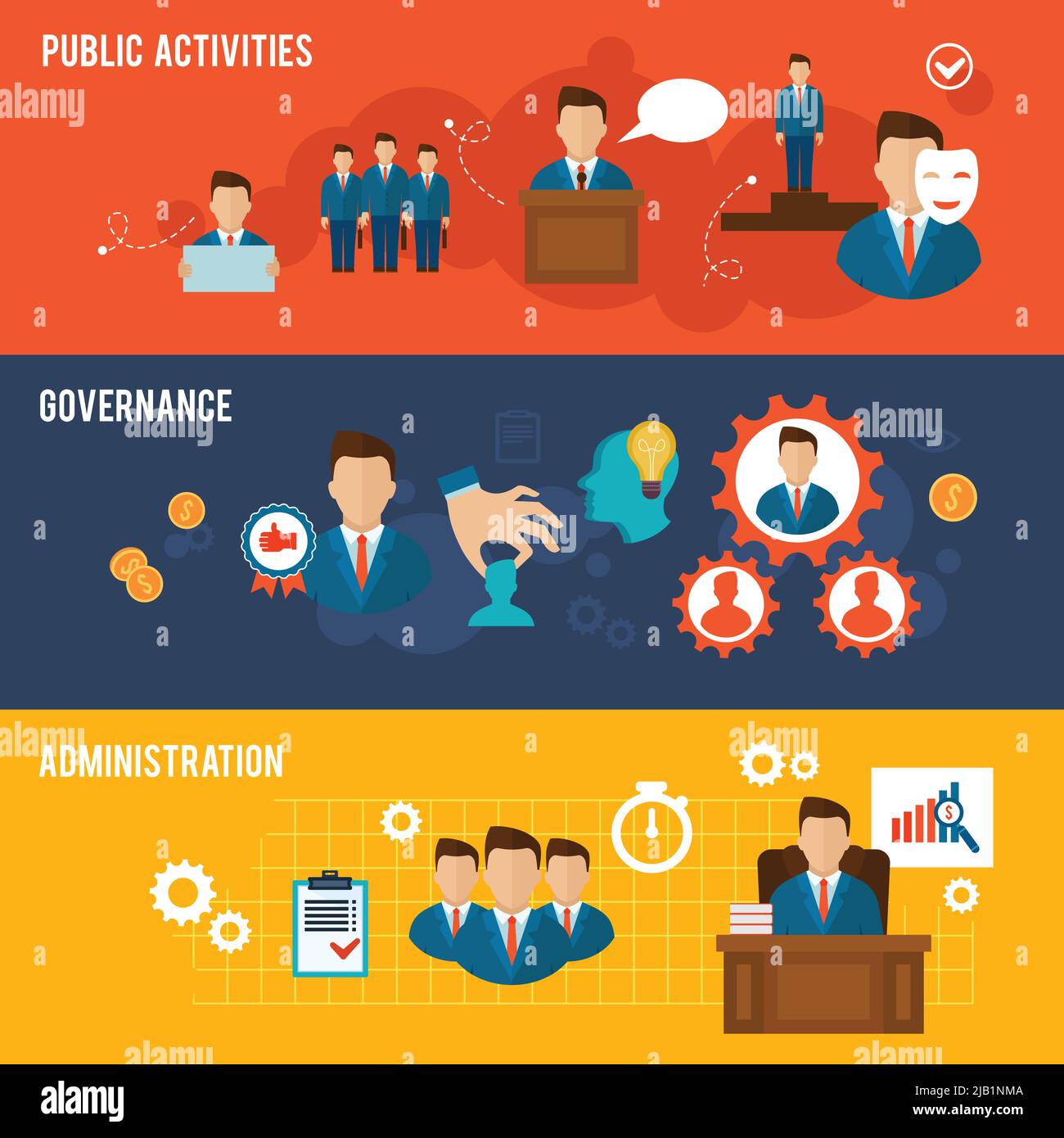 Executive banners icons set with public activities governance ...