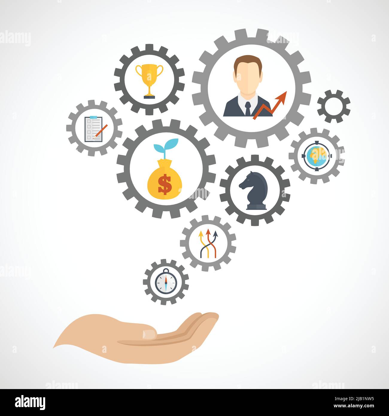 Business strategy concept with hand and planning flat icon set in gears ...