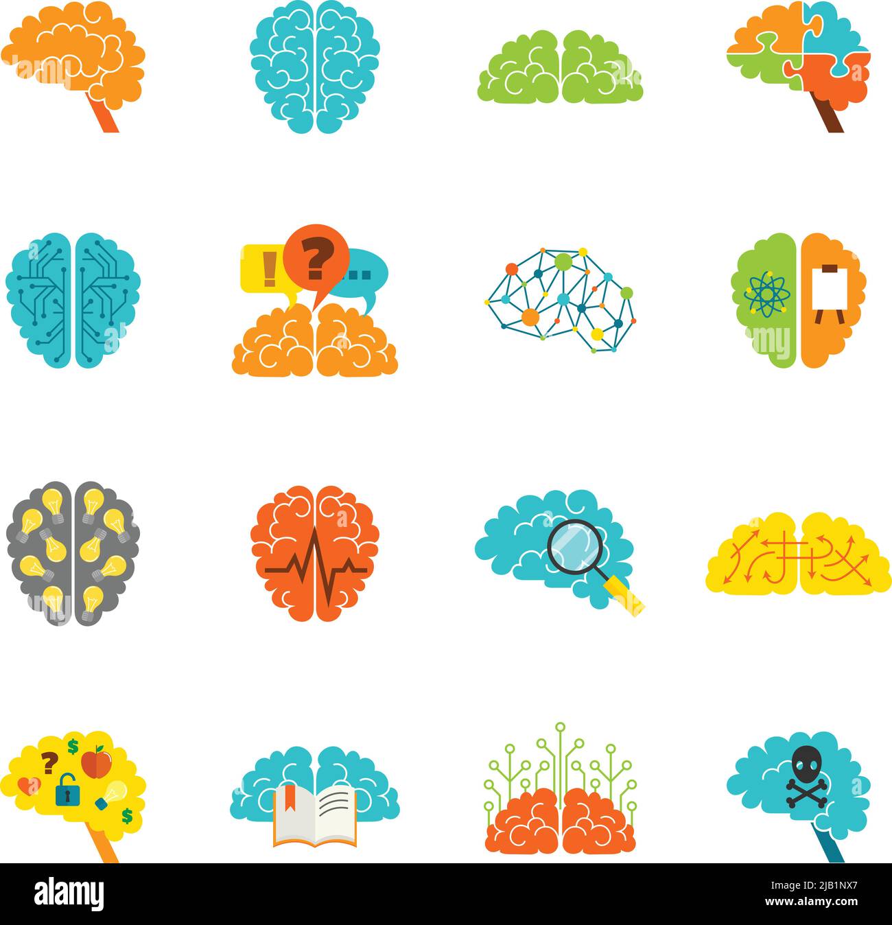 Human brain thinking intelligence memory strategy colored icons flat ...
