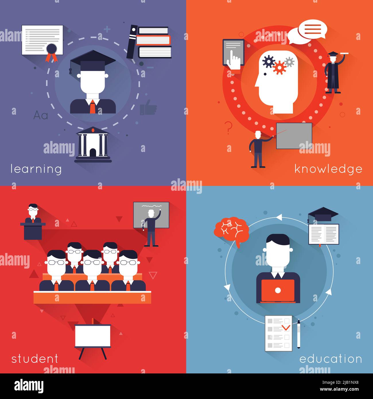 Higher education flat icons set with learning knowledge student ...