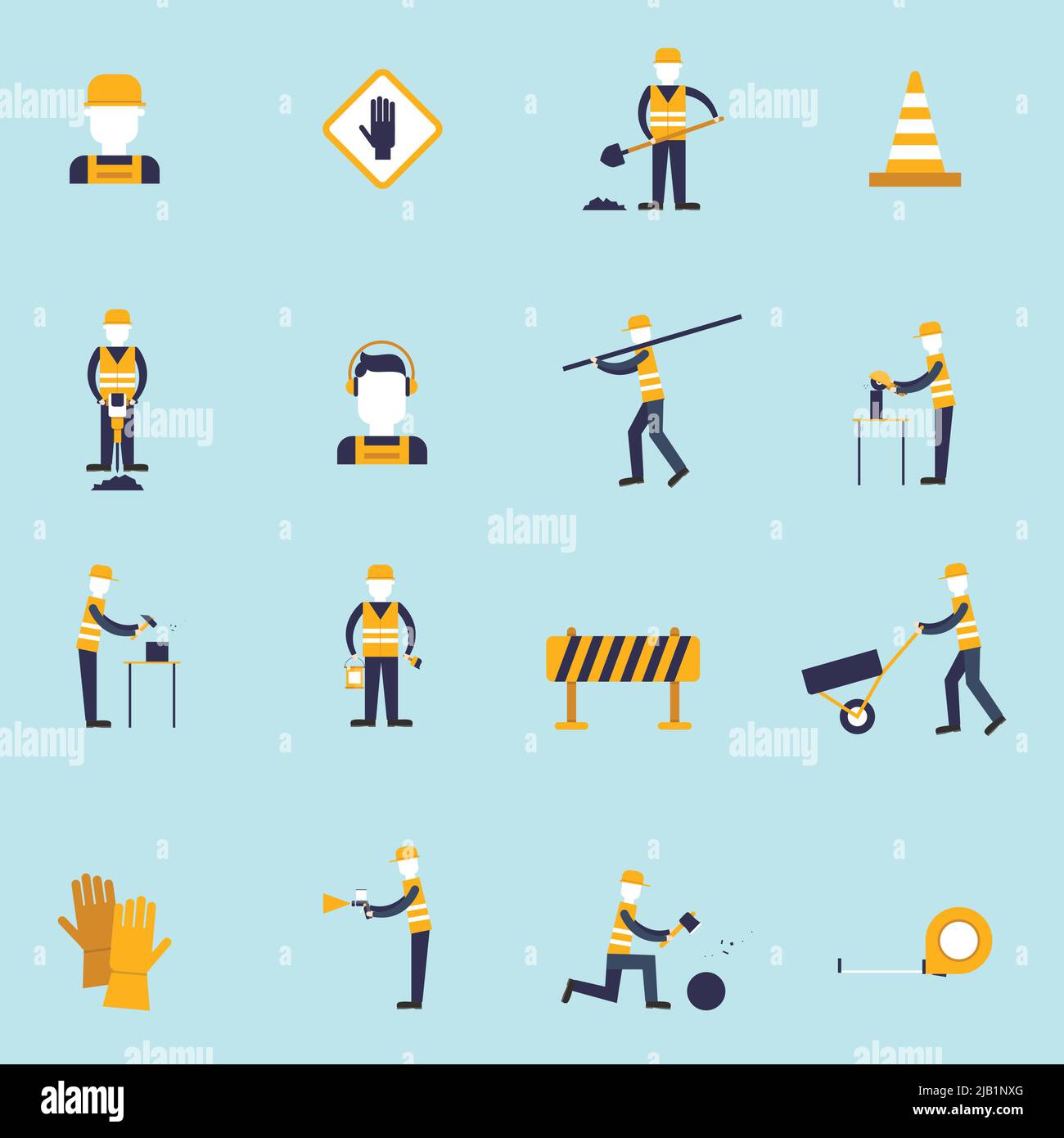 Road worker flat icons set with shovel cone hammer isolated vector ...