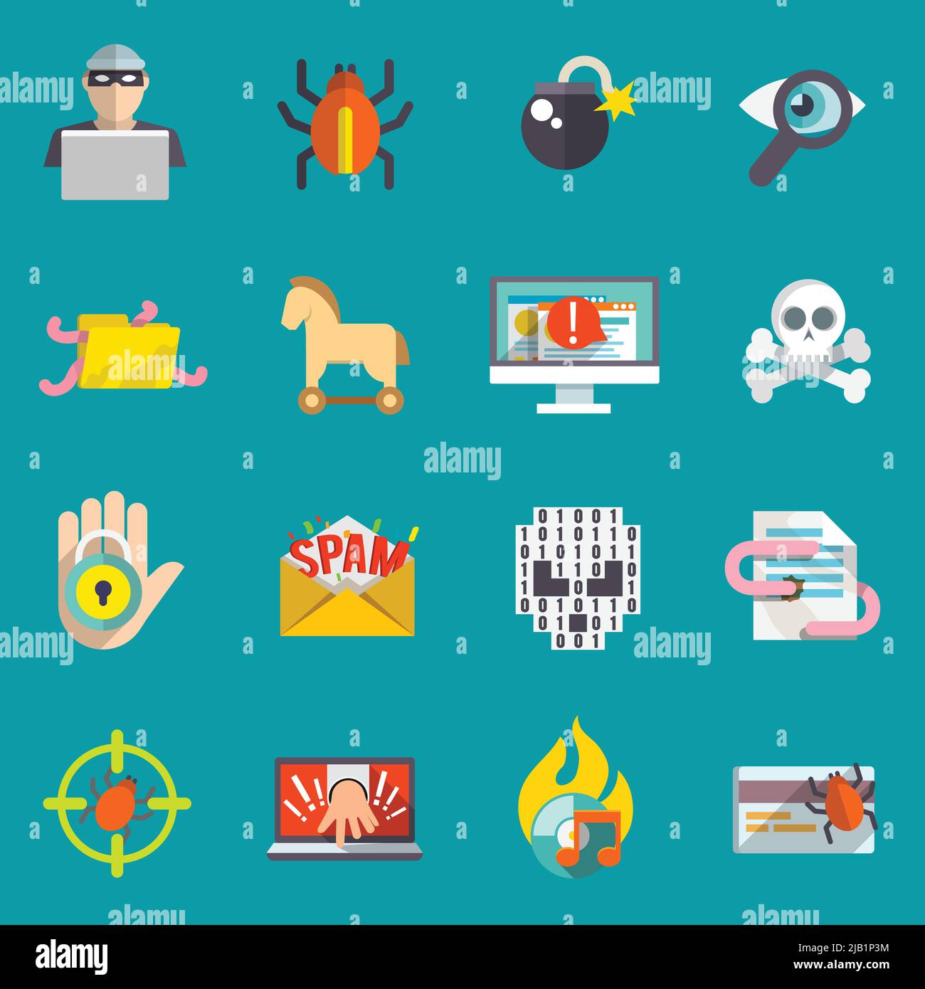 Hacker activity computer and e-mail spam viruses bank account hacking flat icons set isolated ...