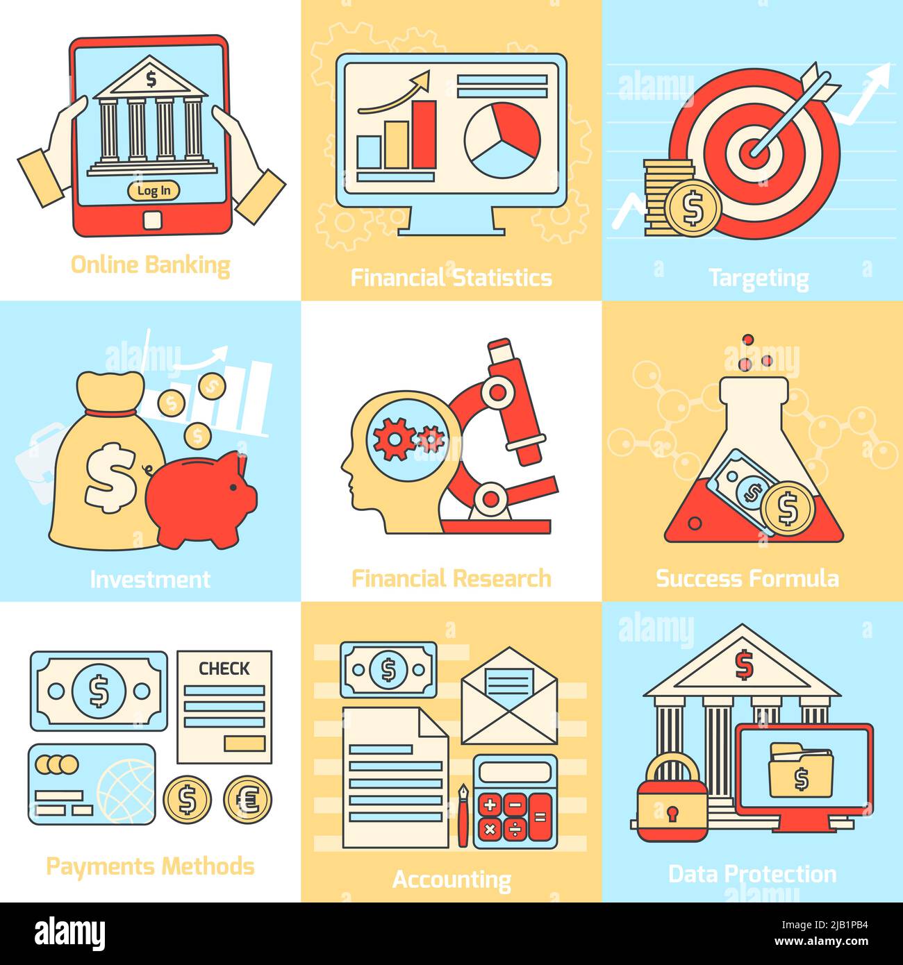 Financial flat line concepts set with online banking statistics ...