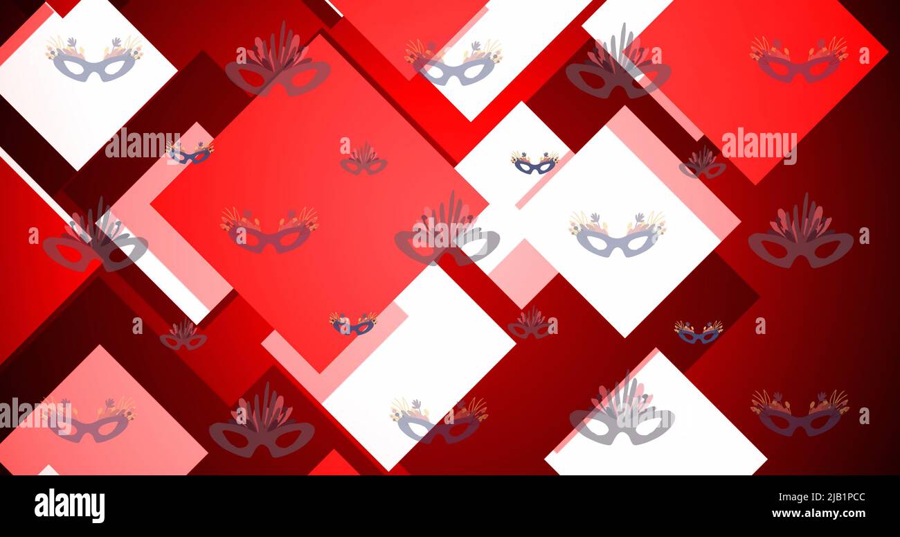 Image of grey masquerade masks on red and white abstract background ...