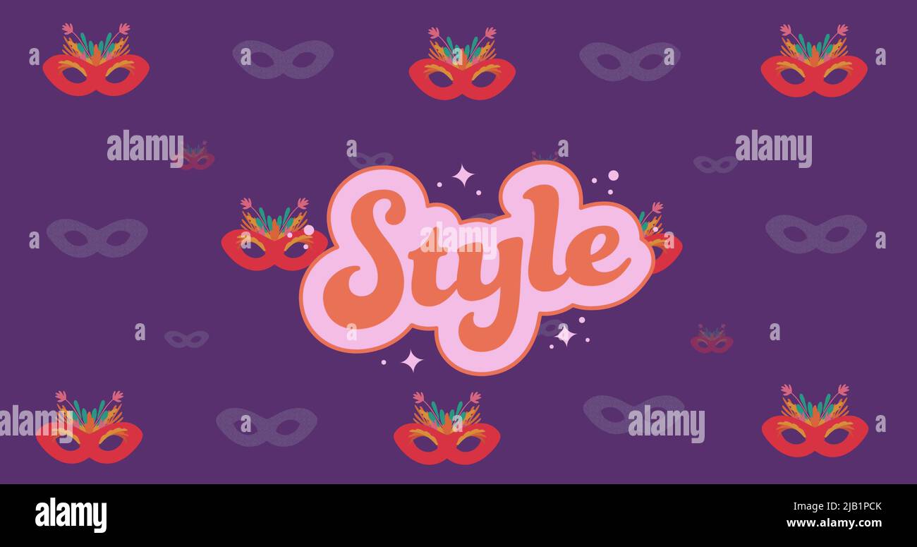 Image of style text in orange and pink over masquerade masks on purple ...