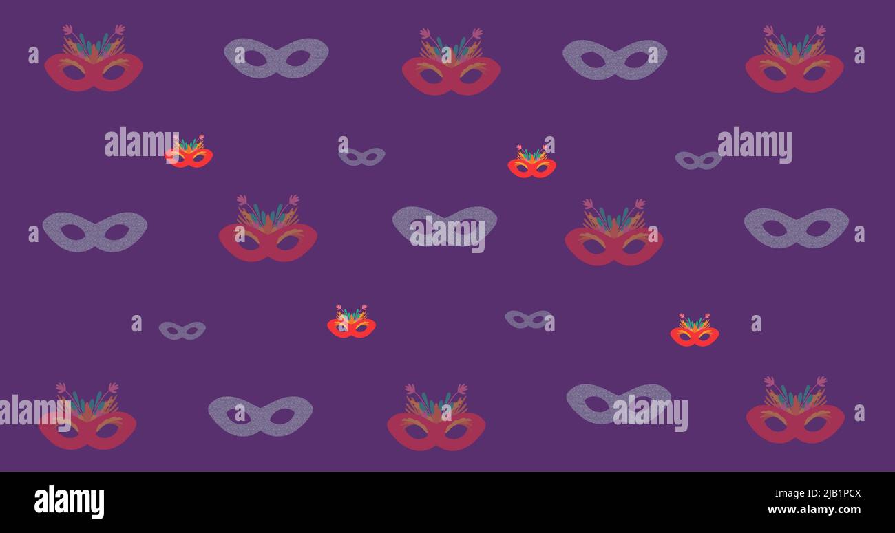 Image of style text in orange and pink over masquerade masks on purple ...