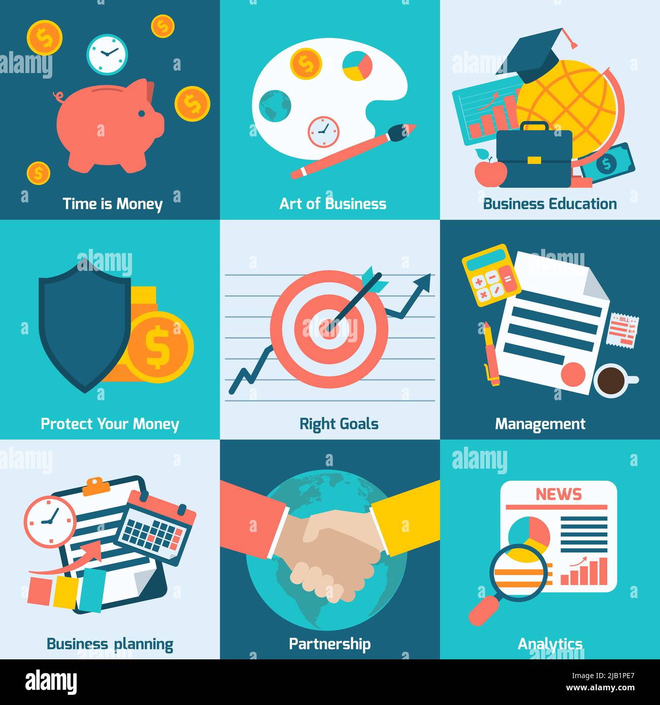 Business concept flat icons set with time is money right goals ...