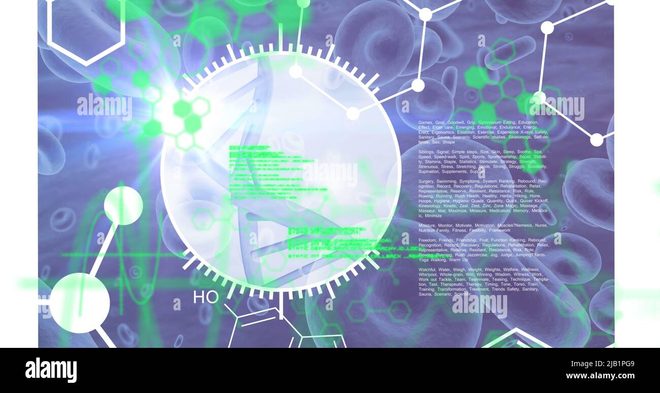 Image of scientific data processing over dna strand spinning Stock ...