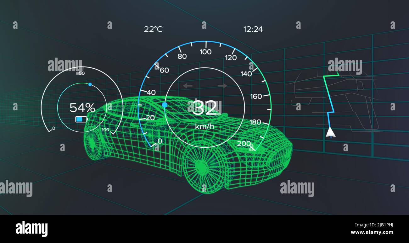 Image of speedometer, gps and charge status data on vehicle interface ...
