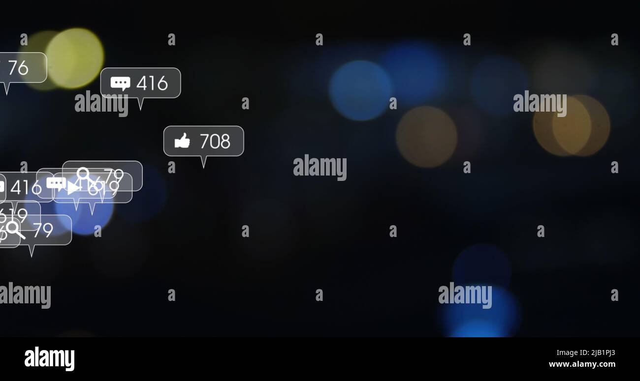 Image of social media icons and numbers over flickering lights Stock ...