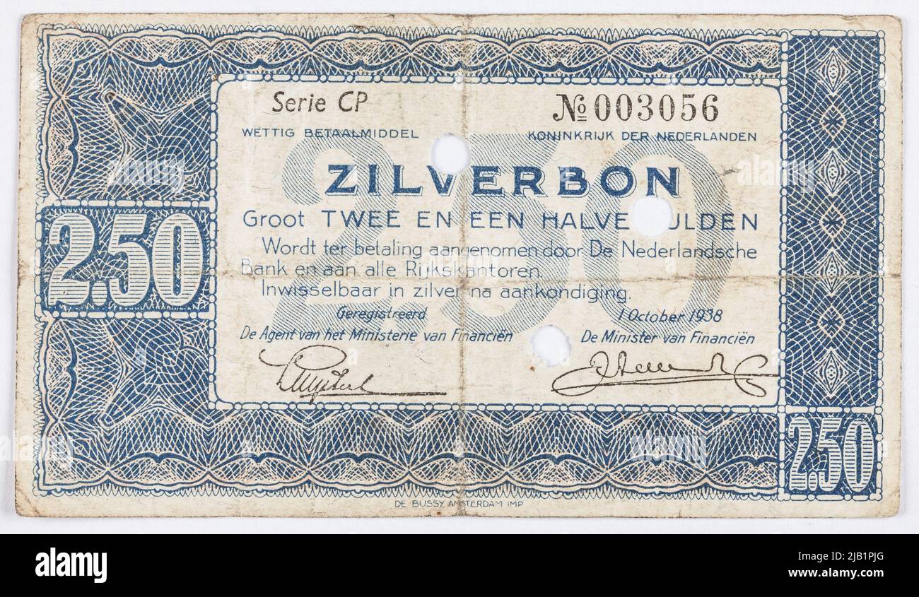 Banknot After 2.50 Guilders, Zilverbon; Holandia, 1.10.1938 Wilhelmina ...