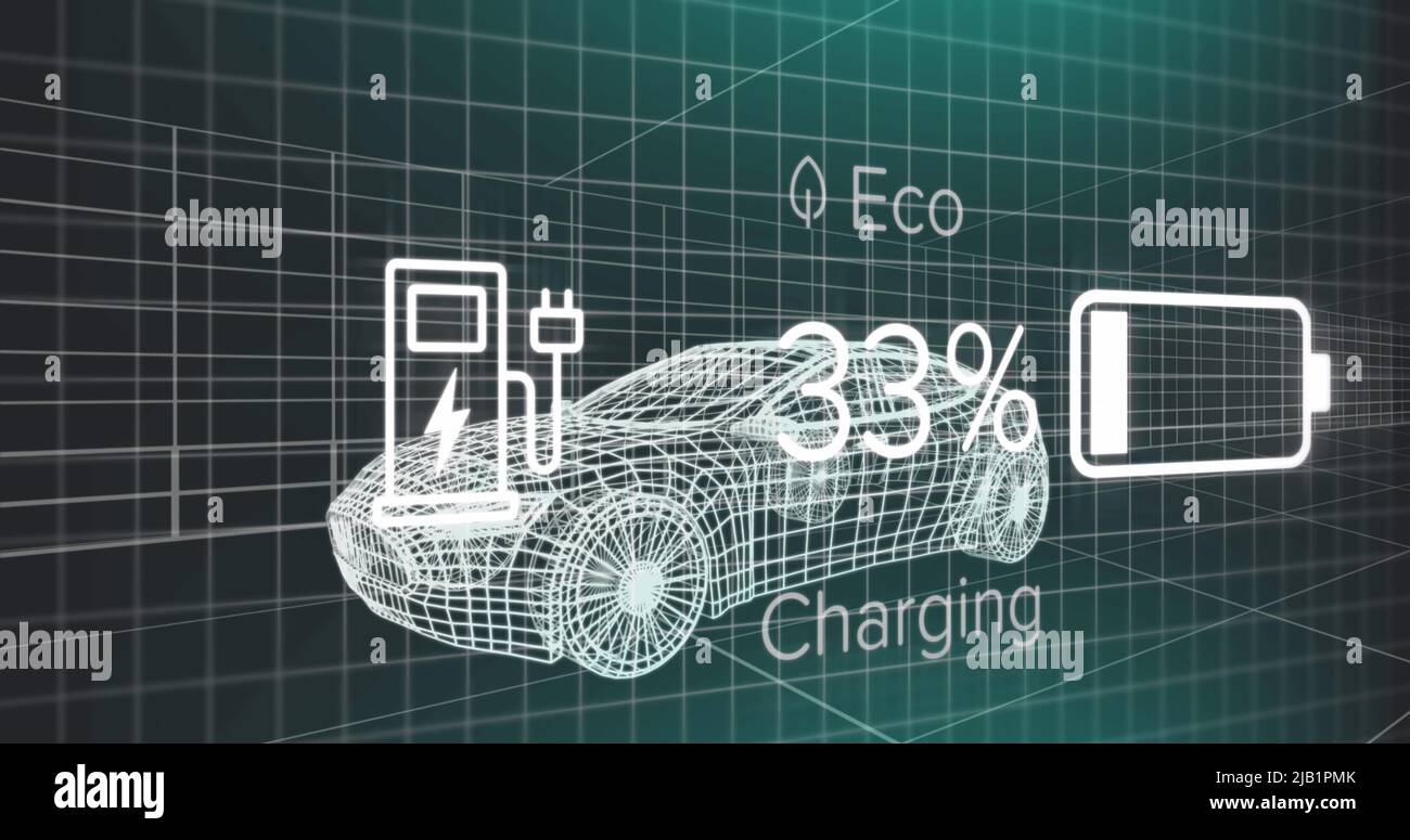 Image of charge status data on electric vehicle interface, over 3d car ...