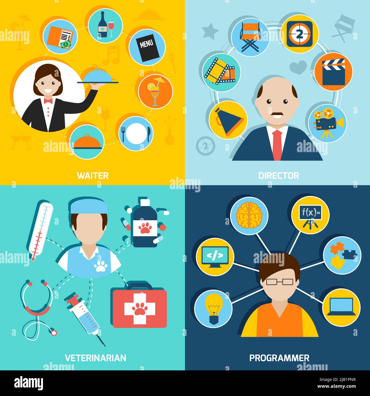 People professions flat icons set with waiter director veterinarian ...