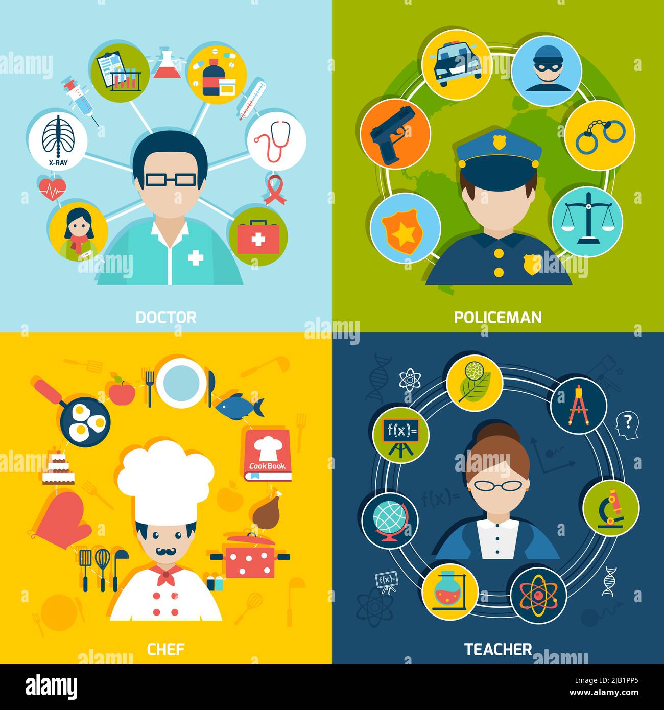 People professions flat icons set with doctor policeman chef teacher ...