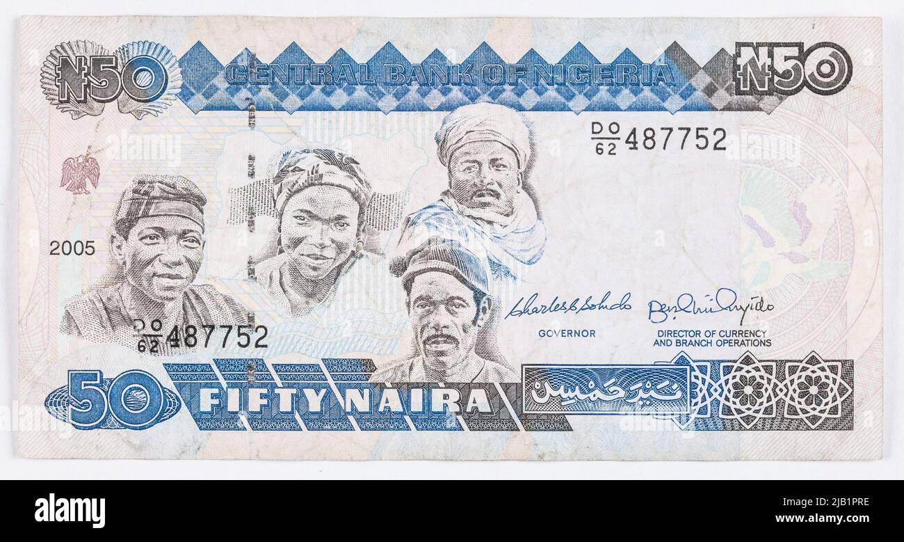 Banknot of 50 naira; Central Bank of Nigeria, Nigeria, 2005 Stock Photo ...